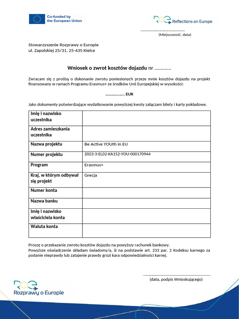 Be - Active - Wniosek o Zwrot Kosztów Podróży | PDF