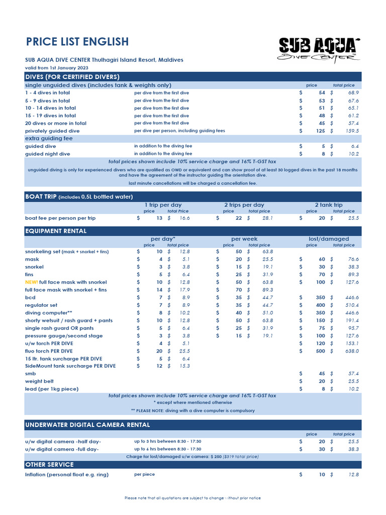 Dive Center Pricelist 2023 | PDF | Snorkeling | Fee
