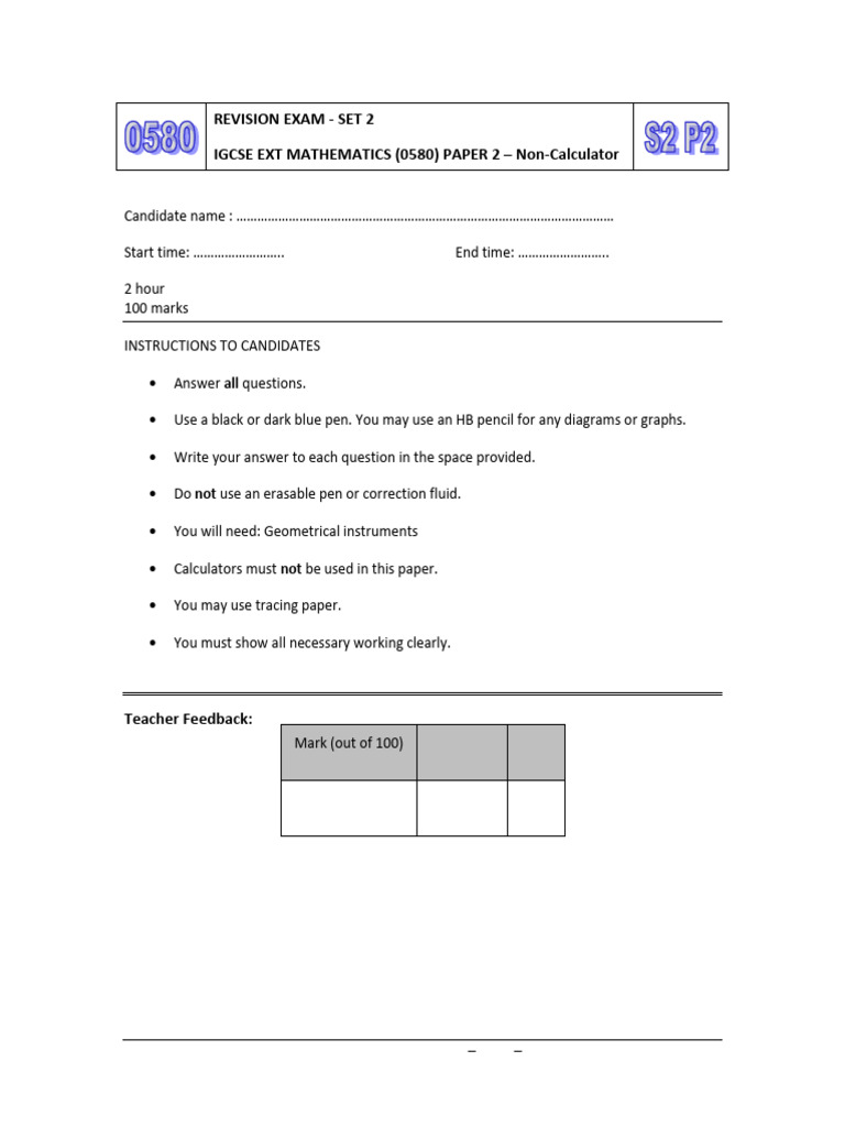 GR 10 IGCSE Ext Math Revision Exam Set 2 - P2 | PDF