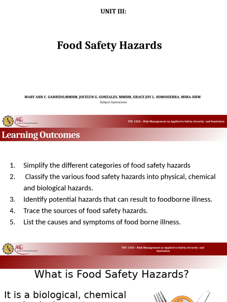 UNIt III Principles of Food Safety and Sanitation | PDF | Hazards | Foods
