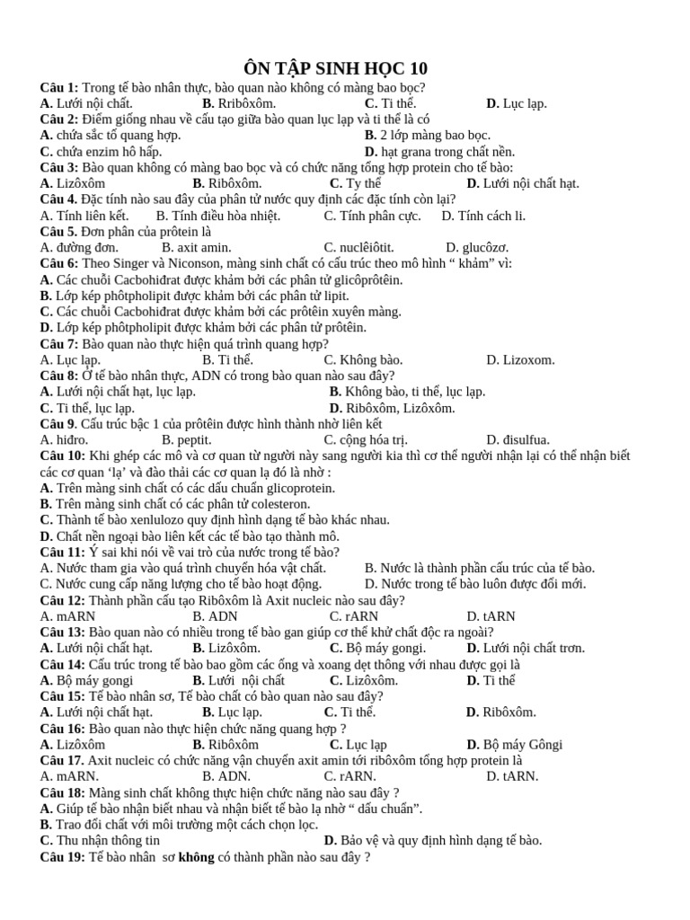 ÔN-TẬP-SINH-HỌC-THI-HK1-10 | PDF