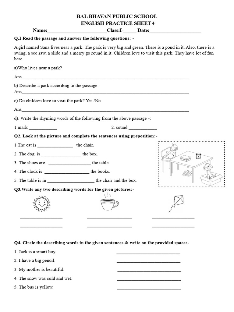 Class 2 English Practice Sheet 4 | PDF