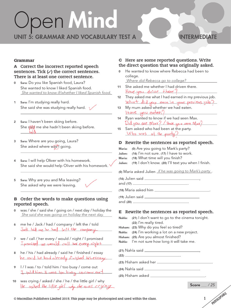 Grammar and Vocabulary Test A | PDF