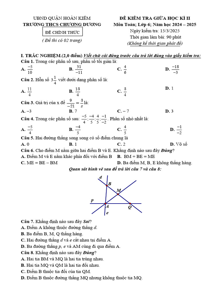 De Giua Hoc Ki 2 Toan 6 Nam 2024 2025 Truong Thcs Chuong Duong Ha Noi | PDF