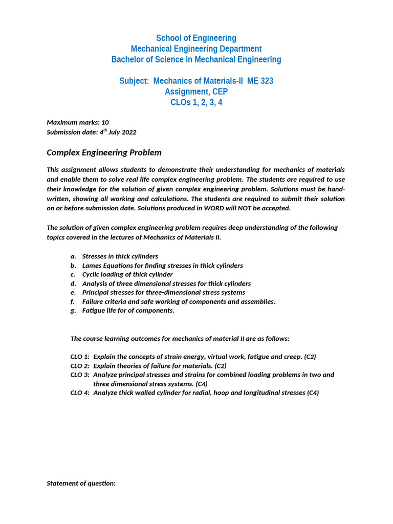 Complex Engineering Problem ME 323 - F2024 | PDF | Strength Of ...