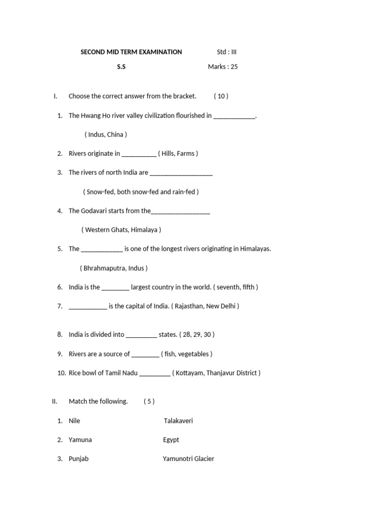 Second Mid Term Examination Ss STD III | PDF