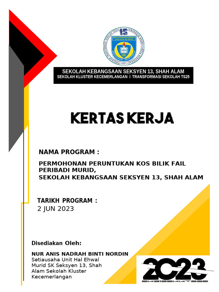 Kertas Kerja Bilik Fail Peribadi Murid SKS13SKK 2023 | PDF