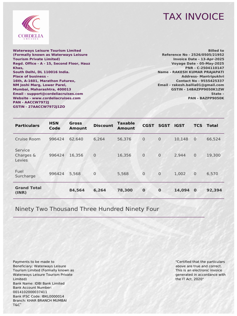 Tax Invoice: Ninety Two Thousand Three Hundred Ninety Four | PDF | Fee ...