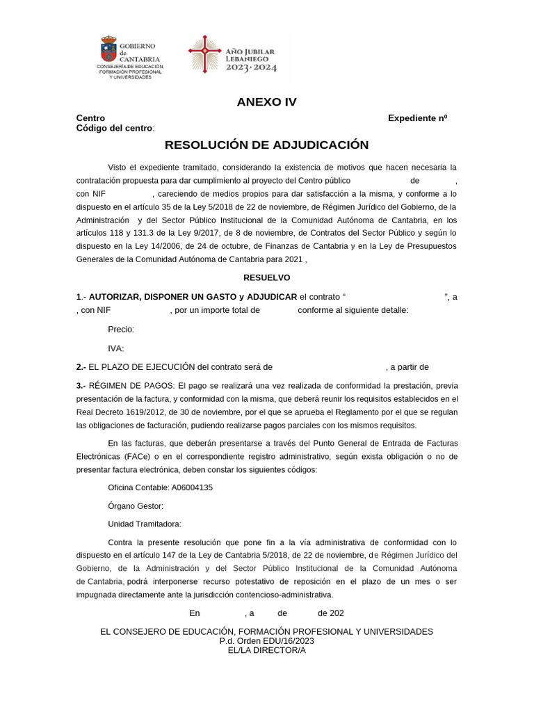 Modelo Resoluciขn de adjudicaciขn (Anexo IV-nivel 3) | PDF | Factura | Gobierno