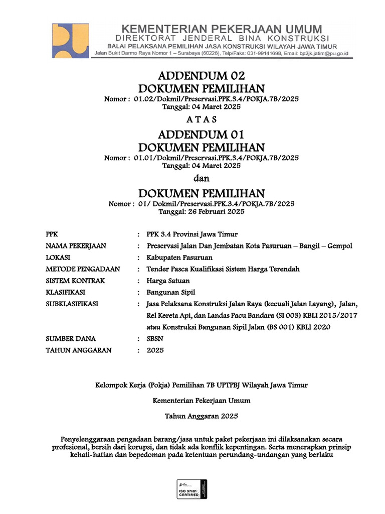 Addendum II Dokumen Pemilihan Preservasi Jalan Dan Jembatan Kota Pasuruan Bangil Gempol | PDF