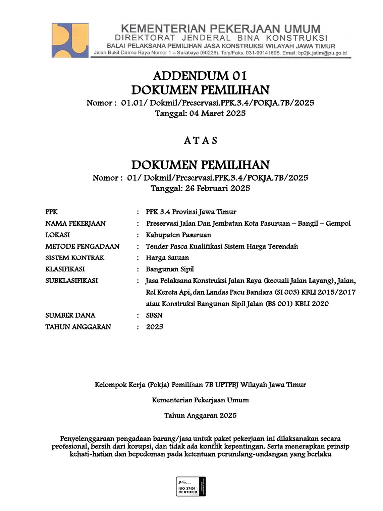 Addendum Tender Preservasi Jalan 2025 | PDF