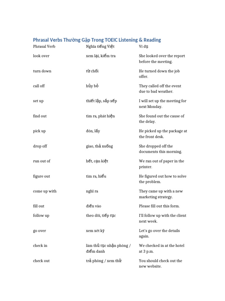 TOEIC Phrasal Verbs List Full | PDF
