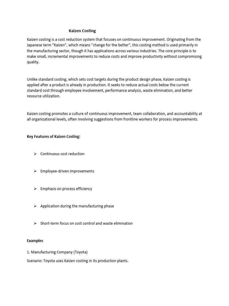 Kaizen Costing: Continuous Improvement in Manufacturing | PDF
