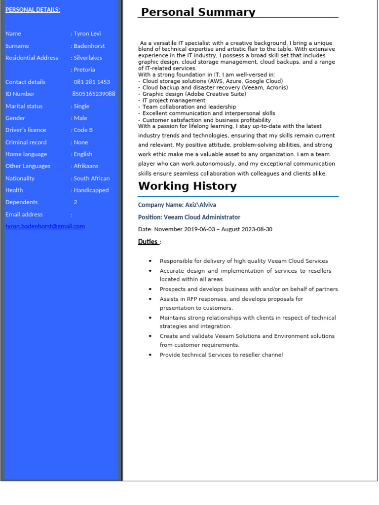 Badenhorst, Tyron Levi - Resume | PDF | Software | Computing