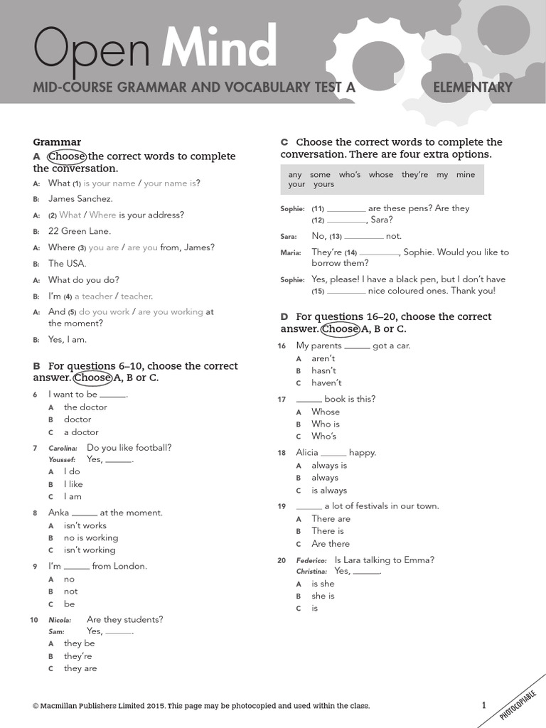 Mid-Course Grammar & Vocabulary Test | PDF