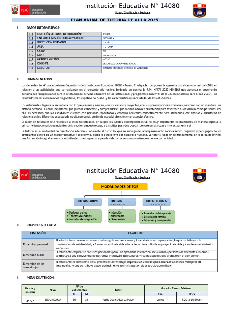 Plan Anual Tutoria 4° Sec 2025 | PDF | Aprendizaje | Inteligencia artificial