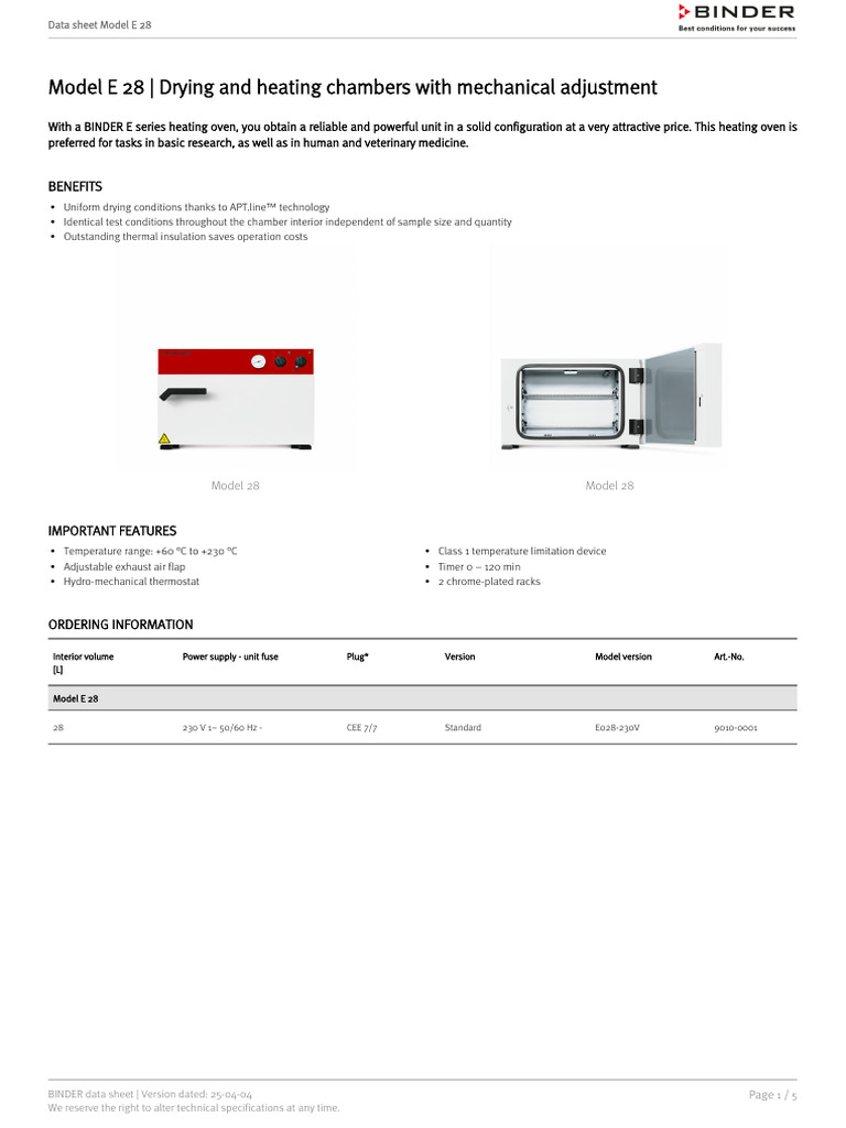 BINDER Model E 28 Data Sheet | PDF | Power Supply | Calibration