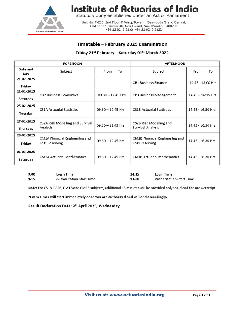 Timetable - February 2025 Actuarial Examination - Revised Schedule | PDF