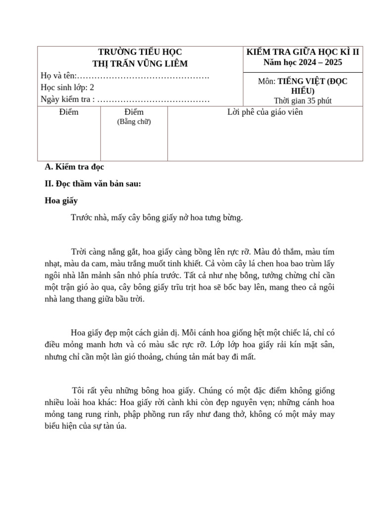 De kiem tra cuoi hoc ki I mon Tieng Viet lop 2 nam hoc 20222023 | PDF