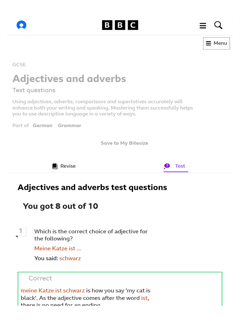 Adjectives and adverbs test questions - GCSE German - BBC Bitesize ...