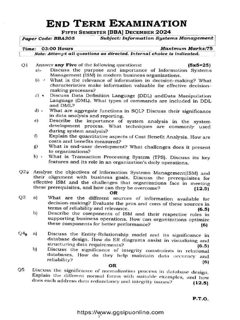Bba 5 Sem Information Systems Management Bba305 Dec 2024 | PDF