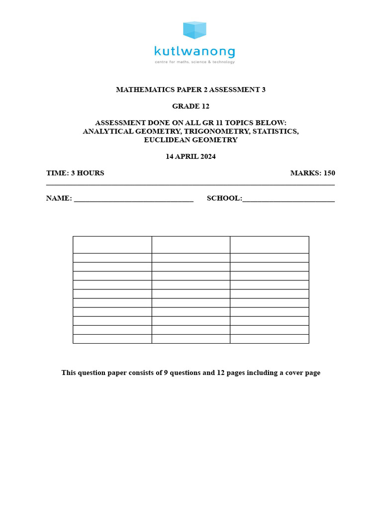 Grade 12 Mathematics Assessment 3 (14 April 2024) | PDF | Circle ...