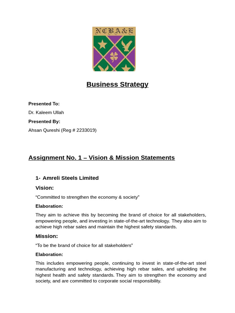 Assignment - Vision & Mission Statements | PDF | Corporate Social ...