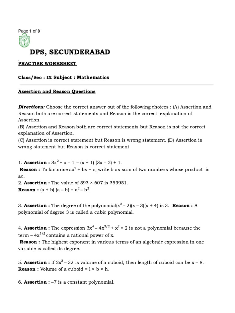 IX Mathematics Assertion and Reason Worksheet | PDF | Triangle | Mathematics