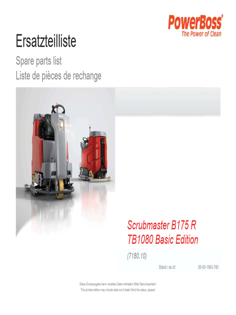 Powerboss Scrubmaster b175r Parts Manual Rev a 88001993780 | PDF