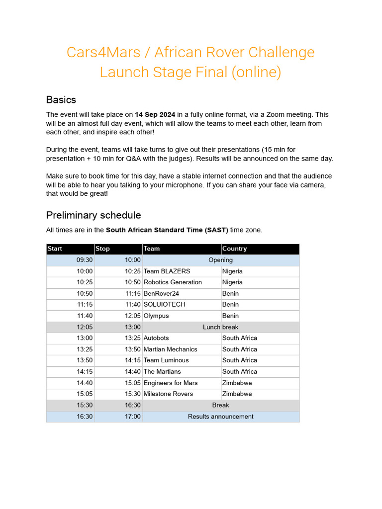 Cars4Mars - African Rover Challenge - Launch Stage Final | PDF