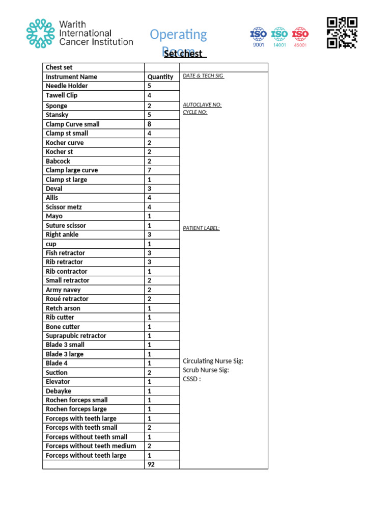 Chest Set Instrument Inventory List | PDF
