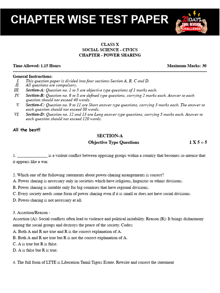 POWER SHARING Test For icse | PDF