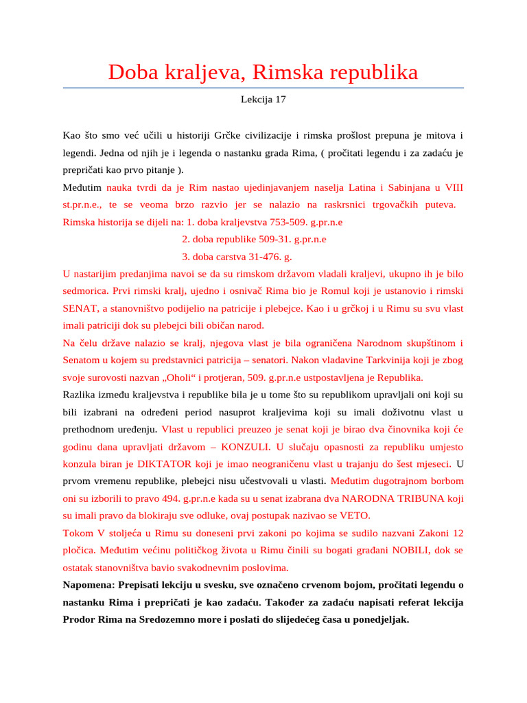 Lekcija 17 - Doba kraljeva, Rimska republika | PDF