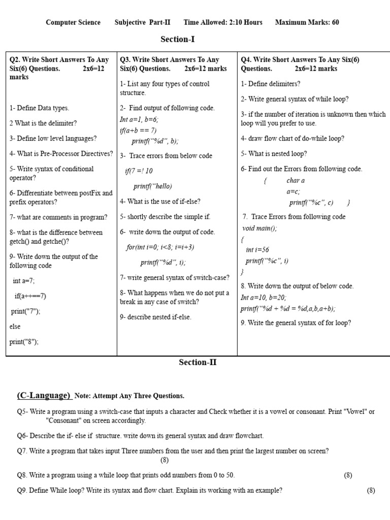 Computer Science Exam: C-Language Concepts | PDF | Control Flow | Computer Science