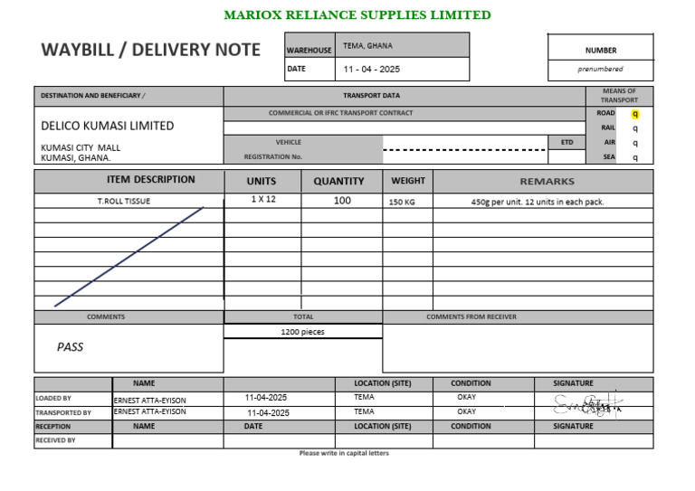 Waybill 0406delico-11!04!25 Mariox Reliance (T.roll) | PDF | Transport | Logistics