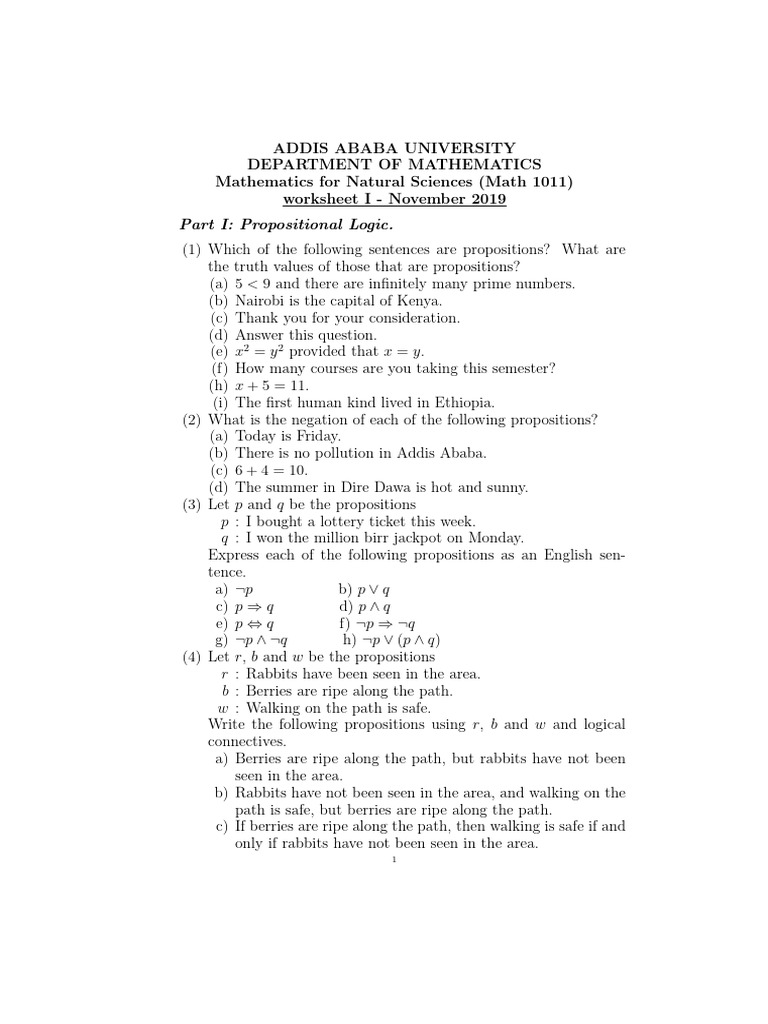 Propositional Logic and Set Theory Worksheet | PDF | Proposition ...