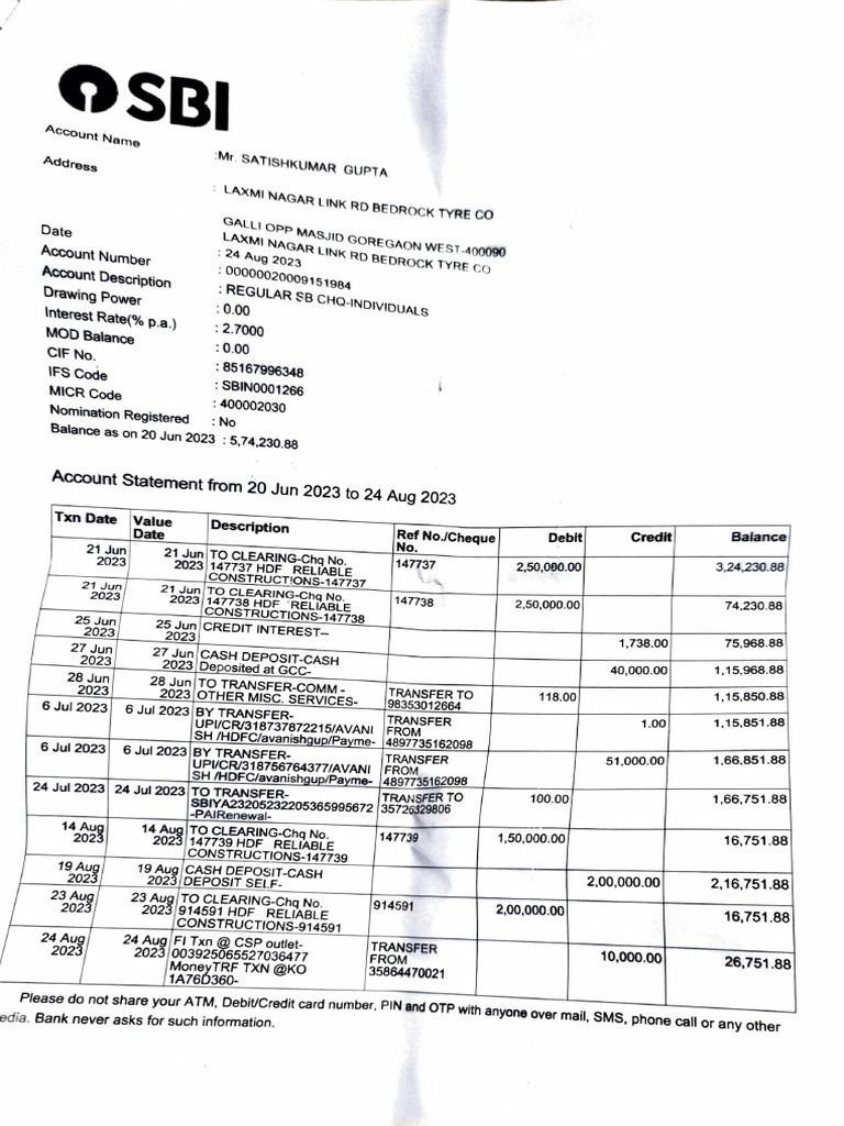 SBI Pairenewal Account Statement | PDF | Business | Money