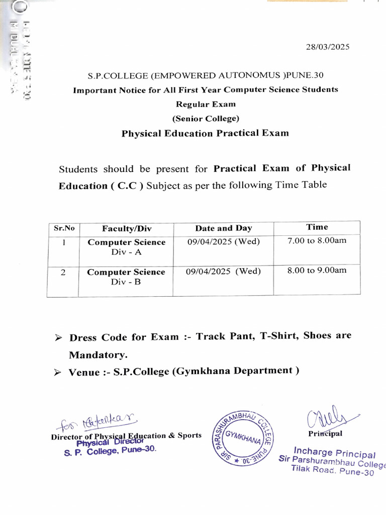 Notice For FYBSc - Cs Physical Education Practical Examination April 2025 | PDF