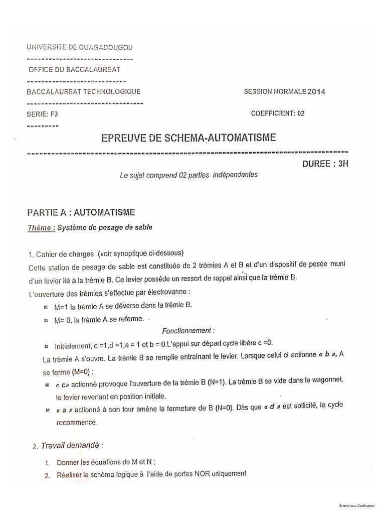 Épreuve de Schéma Automatisme. Session 2014. F3 | PDF