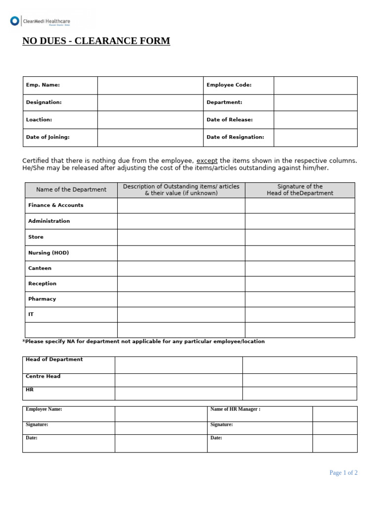 CMH- NO Dues Form | PDF