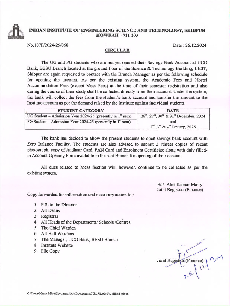 Circular For Opening of Bank Account For UG & PG Students (1st Sem) | PDF