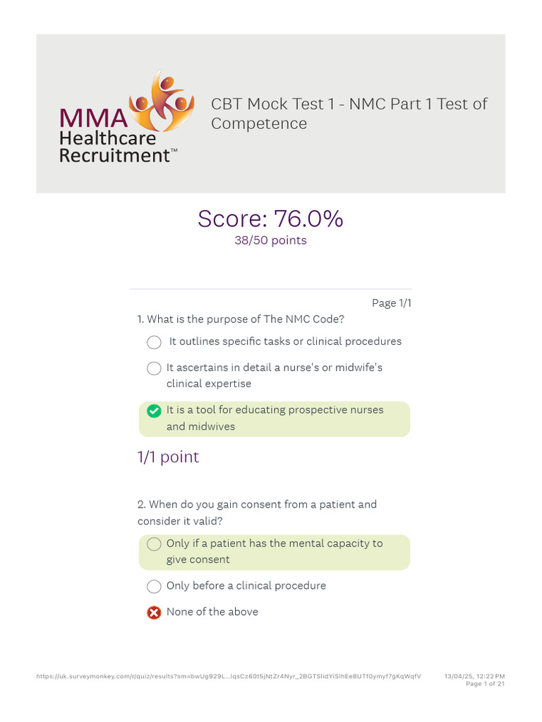 CBT Mock Test 1 - NMC Part 1 Test of Competence Survey | PDF ...