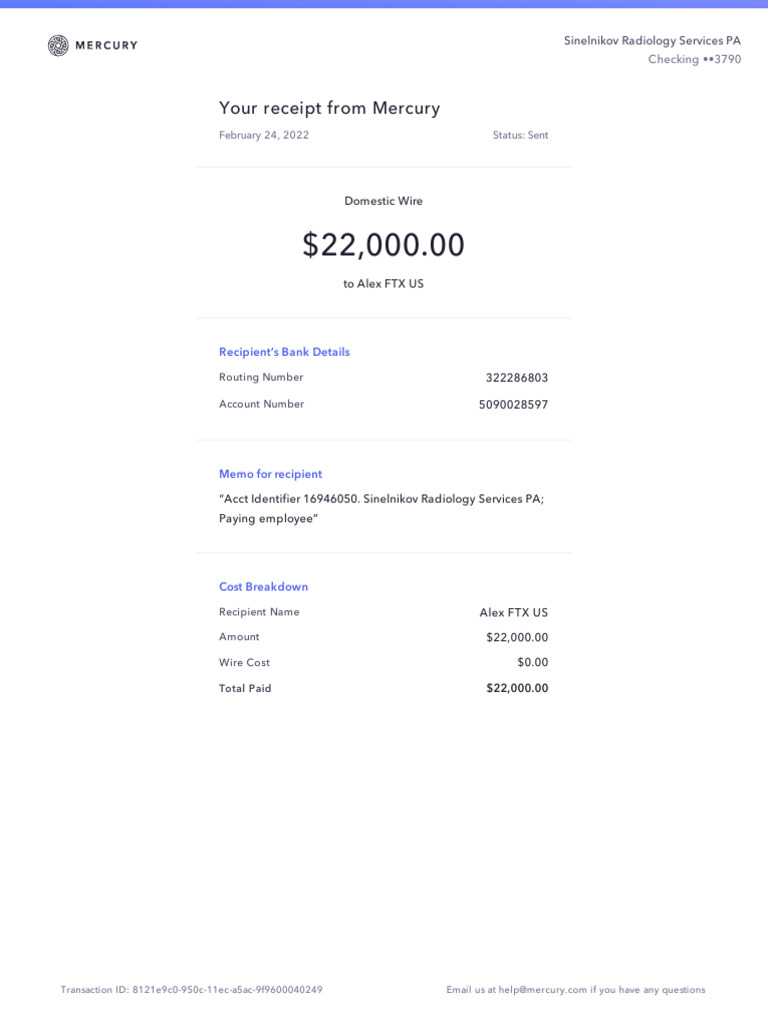 Mercury Wire Transfer Receipt | PDF