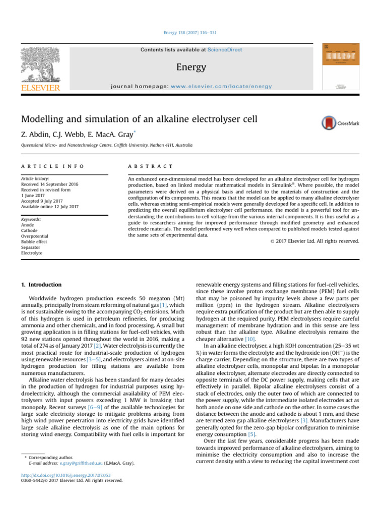 Modelling And Simulation Of An Alkaline Electrolyser Cell Pdf Electrode Anode