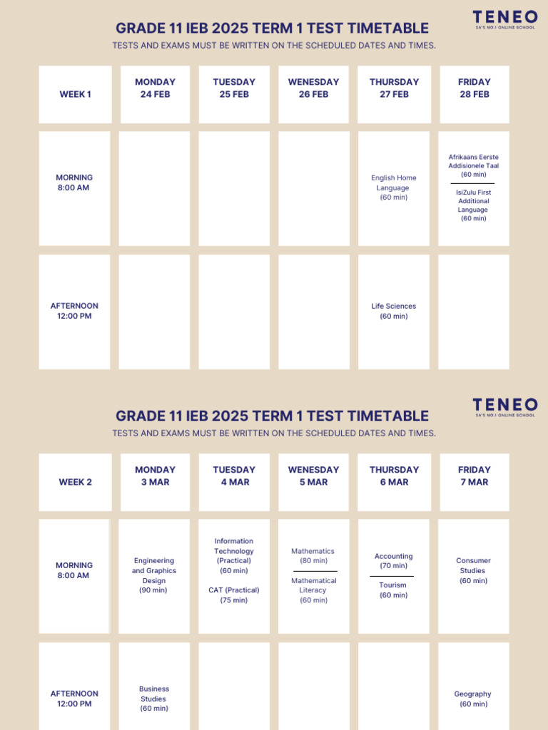 Grade 11 IEB 2025 Term 1 Timetable | PDF | Science