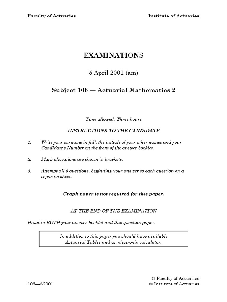 Actuarial Mathematics Exam Paper 2001 | PDF | Reinsurance | Statistical ...