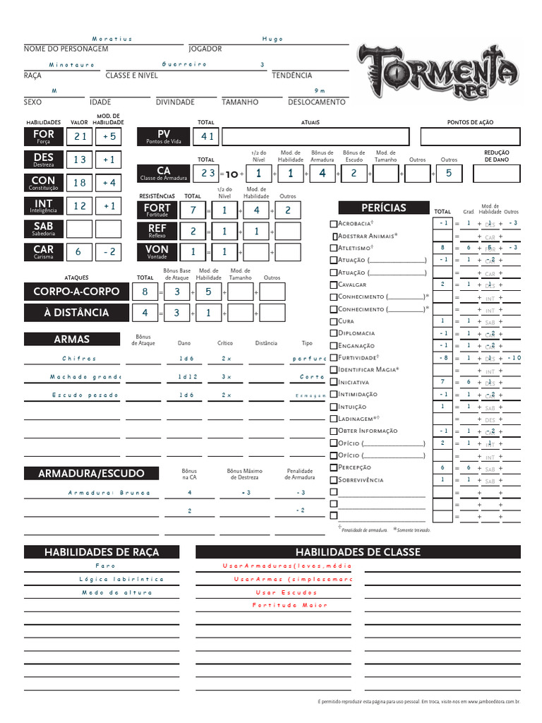 Ficha Editavel - Tormenta RPG | PDF