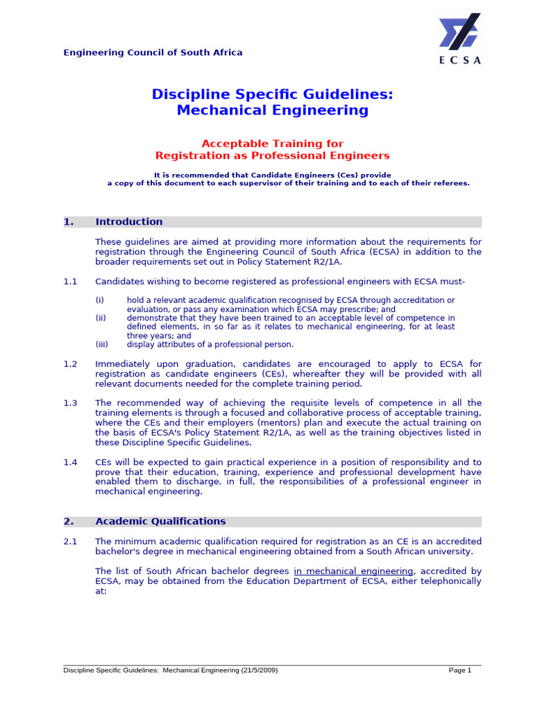 ECSA Mechanical Engineering Guidelines | PDF | Engineer | Engineering