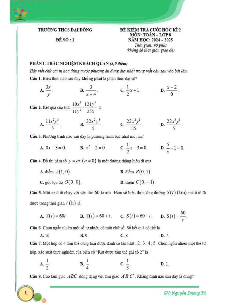 Đề ôn tập cuối HK2 - Toán 8 | PDF