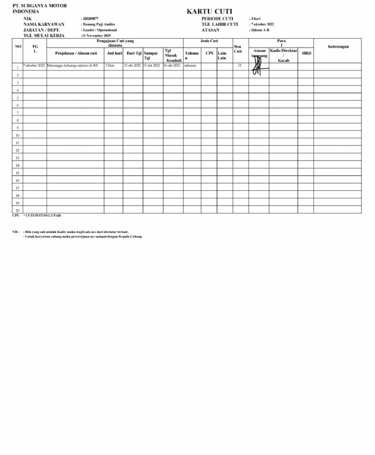 FORM CUTI NEW 2 | PDF